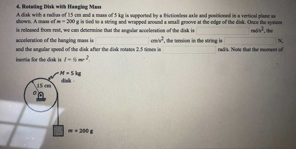 Solved 4. Rotating Disk with Hanging Mass A disk with a | Chegg.com