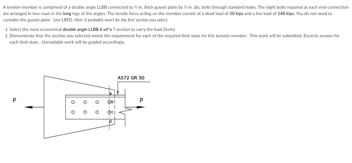 Solved A tension member is comprised of a double angle LLBB | Chegg.com