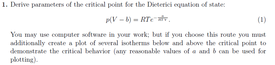 Solved 1. Derive parameters of the critical point for the | Chegg.com