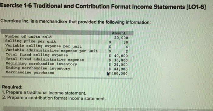 Solved Exercise 1-6 Traditional and Contribution Format | Chegg.com
