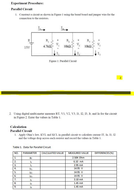 Solved Experiment Procedure: Parallel Circuit 1. Construct a | Chegg.com