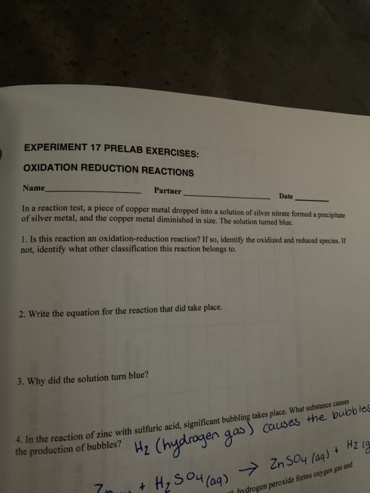 Solved EXPERIMENT 17 PRELAB EXERCISES: OXIDATION REDUCTION | Chegg.com