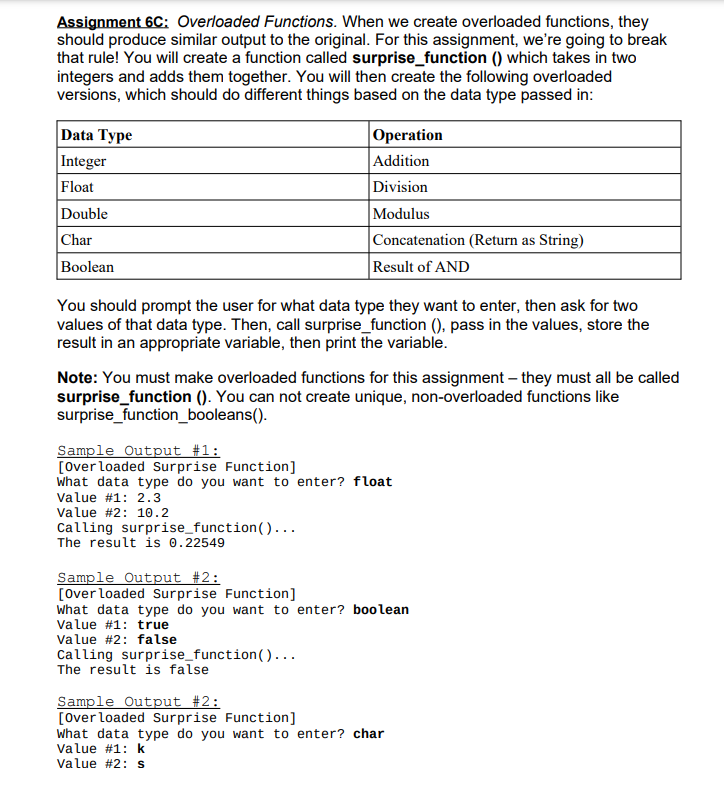 Solved Assignment 6c Overloaded Functions When We Create 
