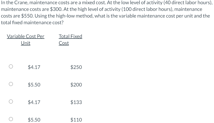 Solved In the Crane, maintenance costs are a mixed cost. At | Chegg.com