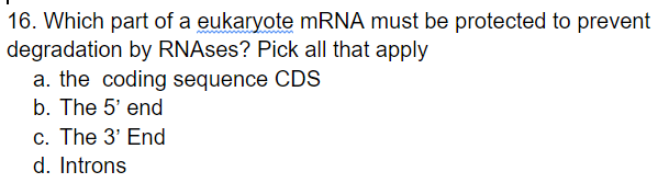 Solved 16. Which part of a eukaryote mRNA must be protected | Chegg.com