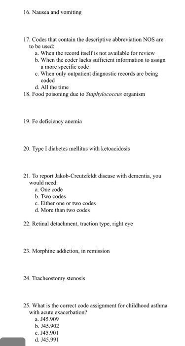 Solved 16. Nausea and vomiting 17. Codes that contain the | Chegg.com