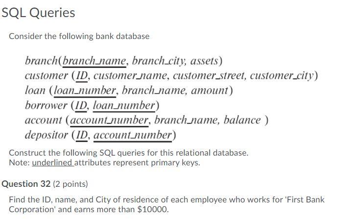 Solved SQL Queries Consider the following bank database | Chegg.com