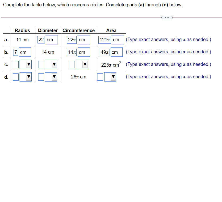 Solved Complete the table below, which concerns circles. | Chegg.com