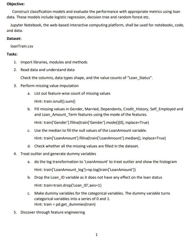 Solved Objective: Construct classification models and | Chegg.com
