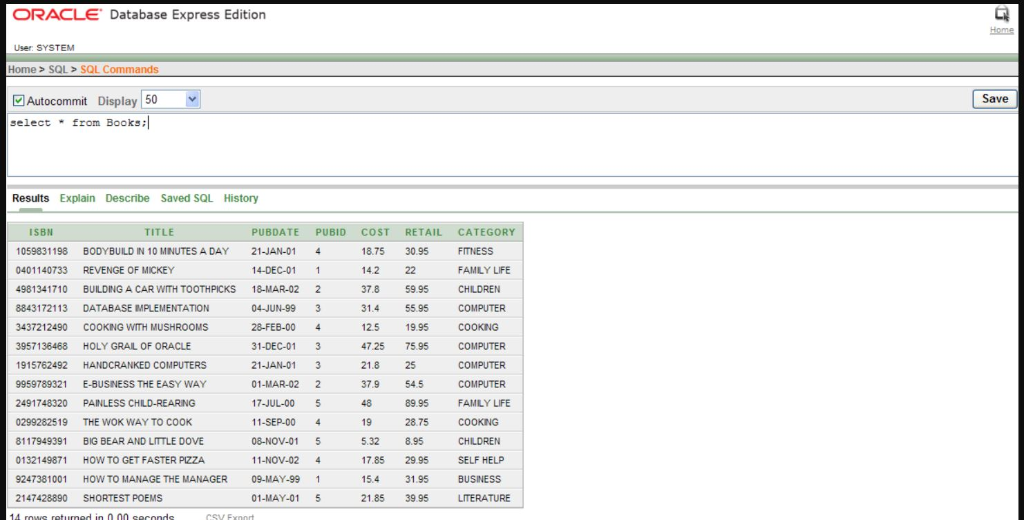 Solved ORACLE Database Express Edition User: SYSTEM Home > | Chegg.com