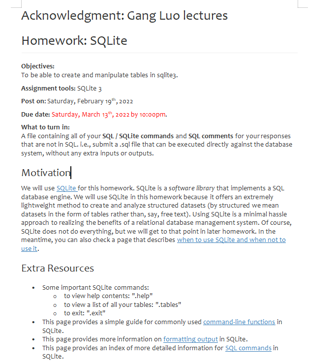 Solved Acknowledgment: Gang Luo lectures Homework: SQLite | Chegg.com