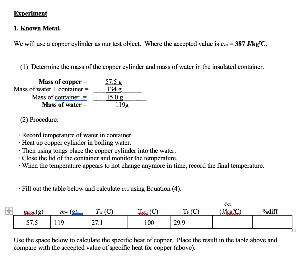 Solved Experiment 1. Known Metal. We will use a copper | Chegg.com