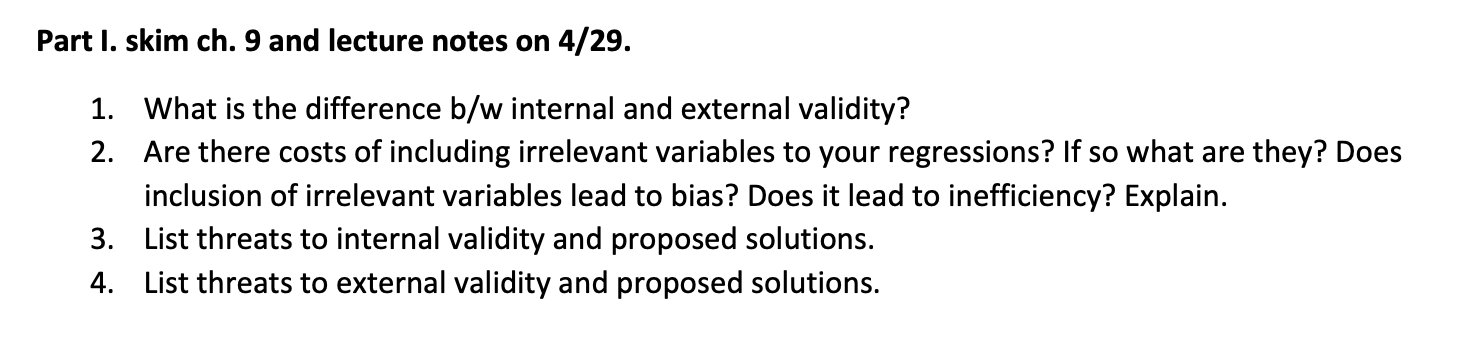 Solved Part I. skim ch.9 and lecture notes on 4/29. 1. What | Chegg.com