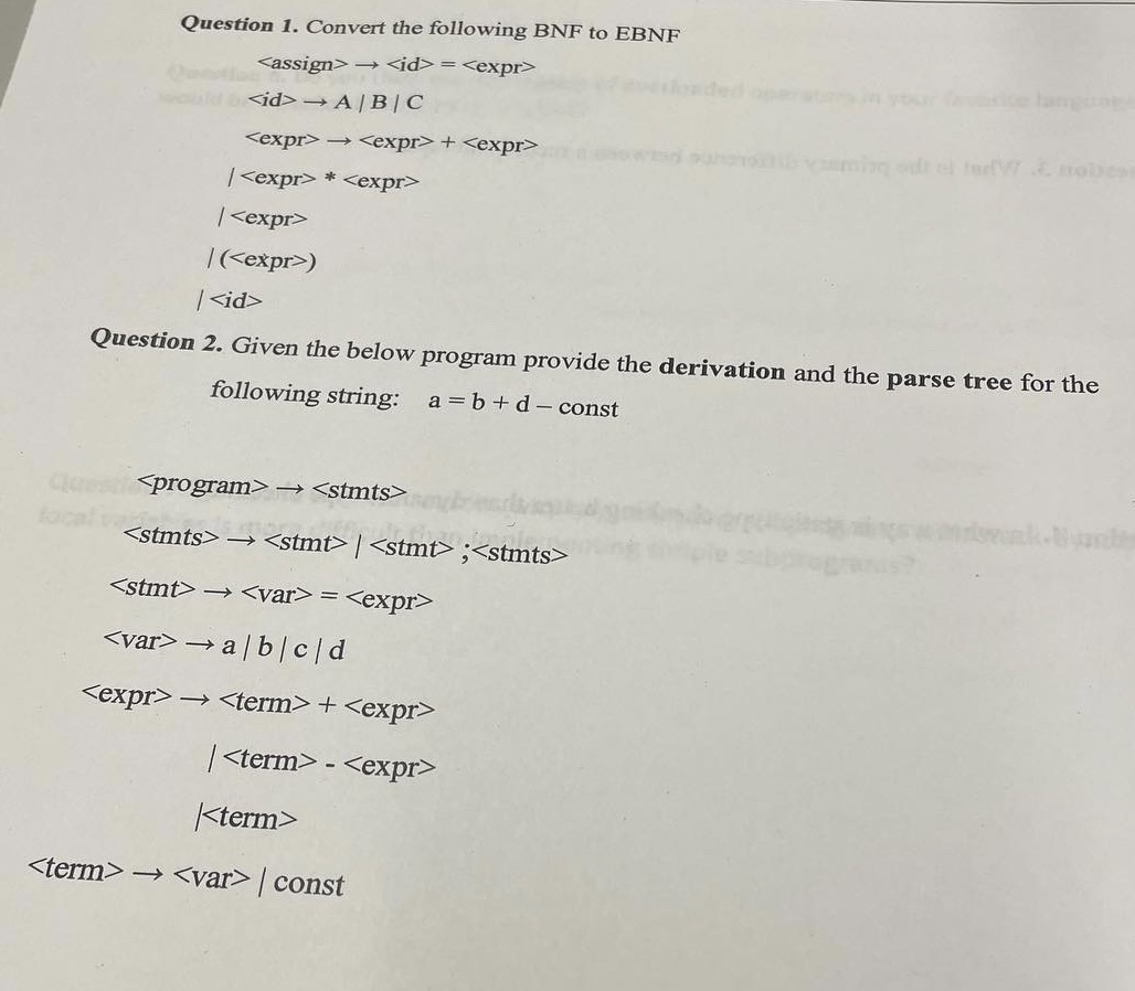 Solved Question 1. Convert the following BNF to EBNF