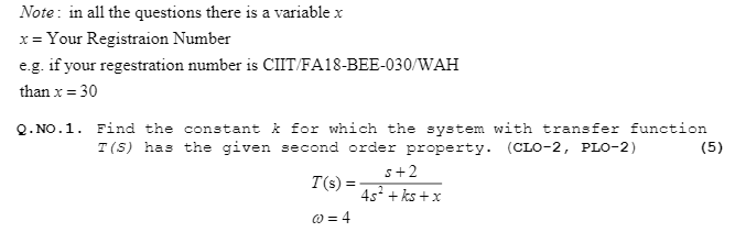 Solved take x=083 find value of k given second order | Chegg.com