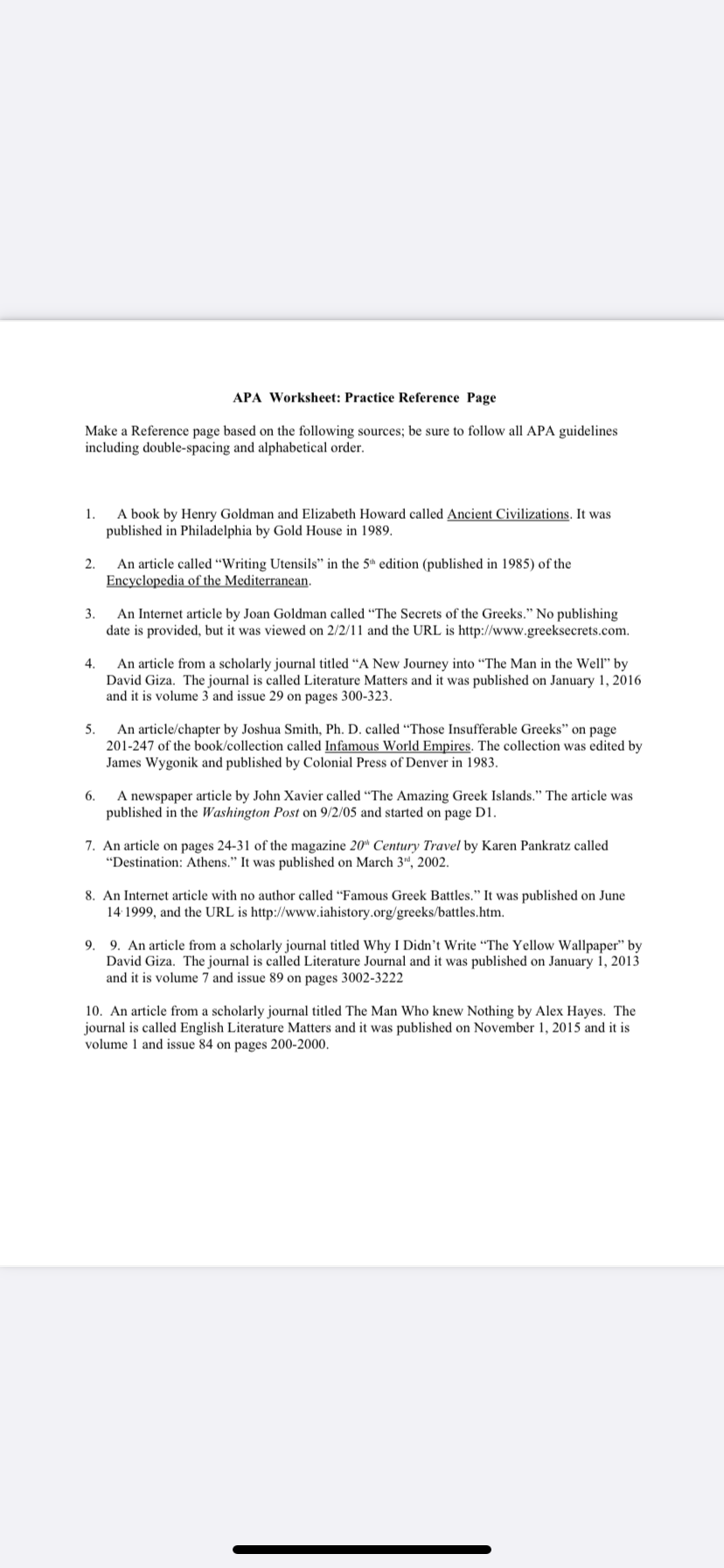 Solved APA Worksheet: Practice Reference Page Make a | Chegg.com