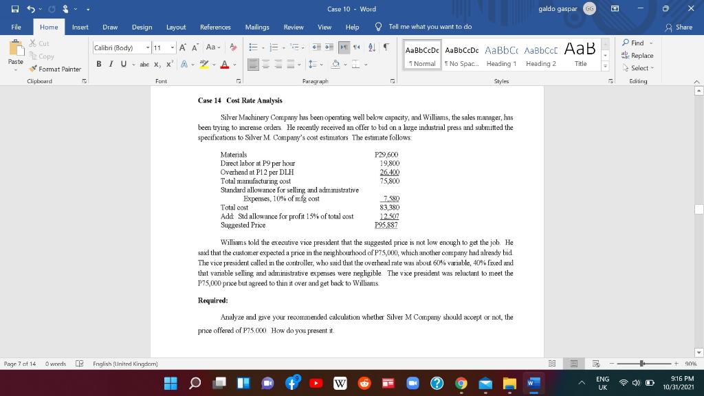 Solved Case 10 - Word galdo gaspar GG a х File Home Insert | Chegg.com