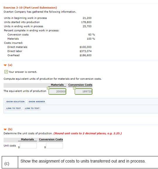 Solved Exercise 3-10 (Part Level Submission) Overton Company | Chegg.com