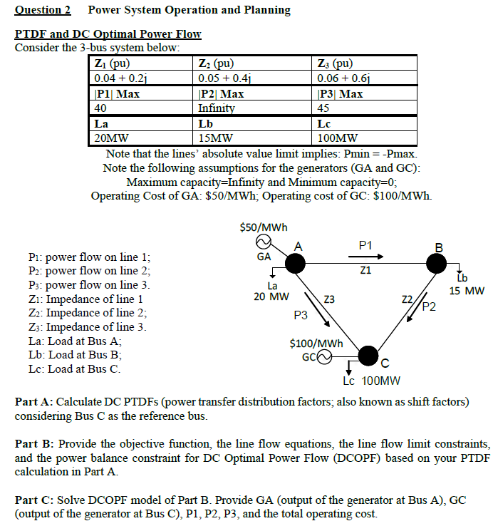 Question 2 Power System Operation and Planning PTDF | Chegg.com