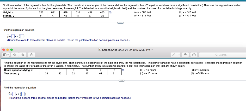 Solved Find the equation of the regression line for the | Chegg.com