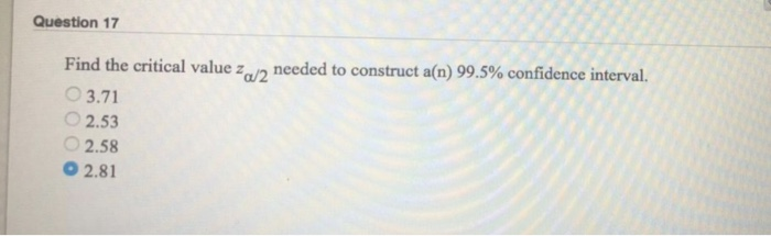 Solved Question 17 Find the critical value za 2 needed to | Chegg.com