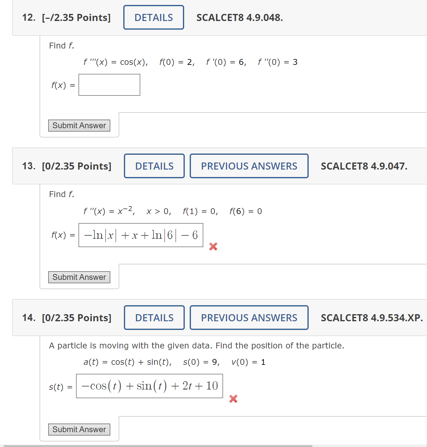 Solved [-/2.35 Points] SCALCET8 4.9.048. Find f. | Chegg.com