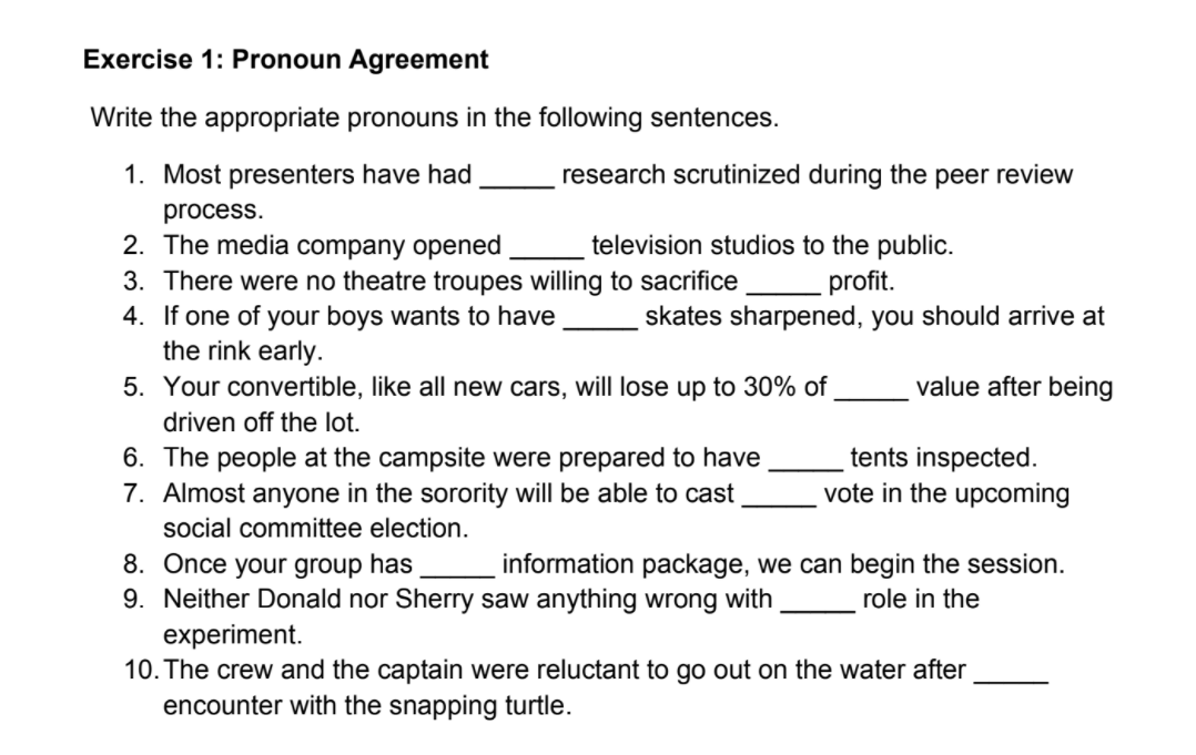 Solved Exercise 1: Pronoun Agreement Write the appropriate | Chegg.com
