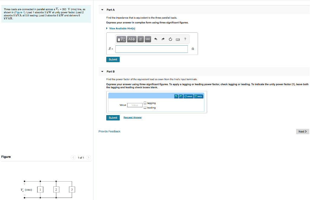 Solved Three loads are connected in parallel across a Va350 | Chegg.com