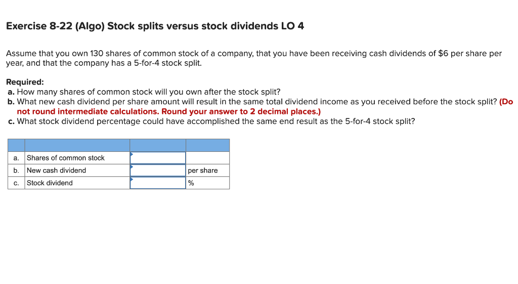 Solved Exercise 8-22 (Algo) Stock splits versus stock | Chegg.com