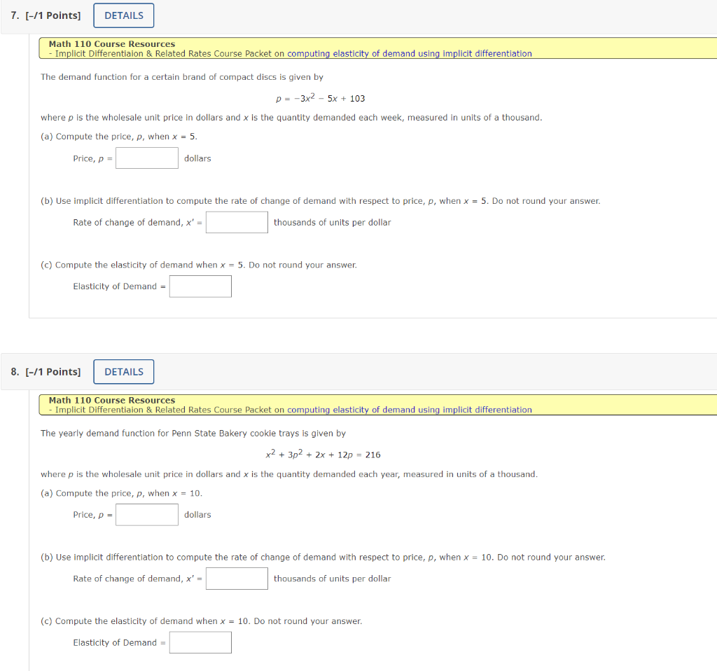 Solved Math 110 Course Resources - Implicit Differentiaion | Chegg.com