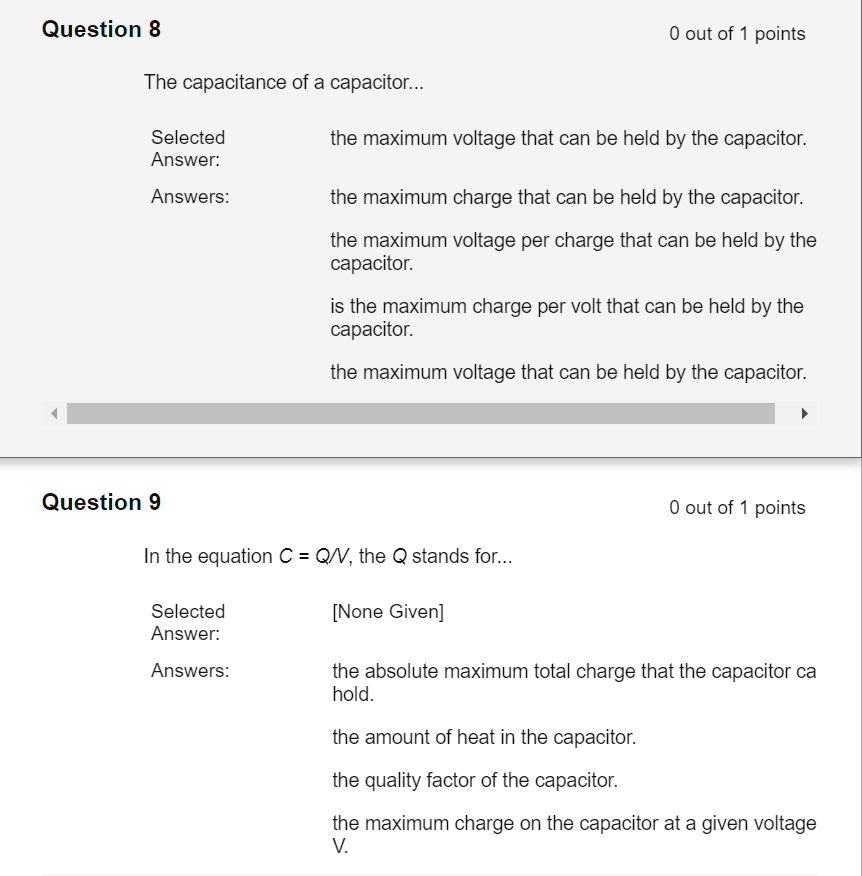 Solved stion 8 0 out of 1 points The capacitance of a | Chegg.com