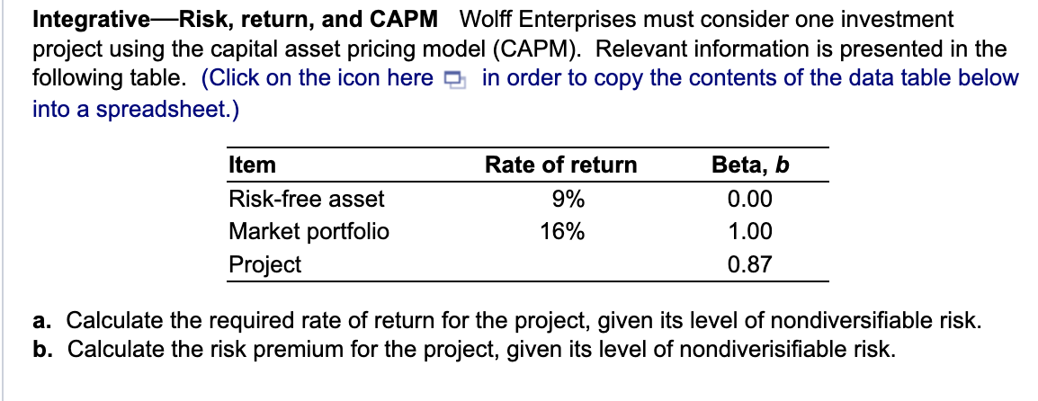 Solved Integrative-Risk, return, and CAPM Wolff Enterprises | Chegg.com