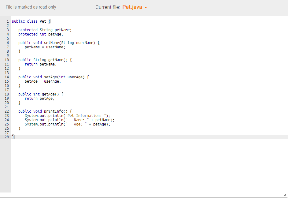 Solved The base class Pet has private fields petName, and | Chegg.com