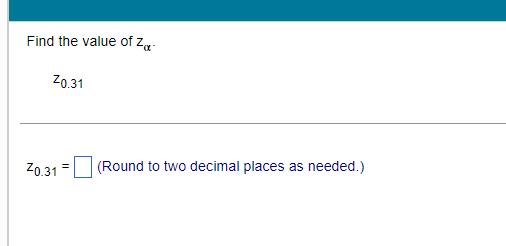 Solved Find the value of zα. z0.31 z0.31= (Round to two | Chegg.com