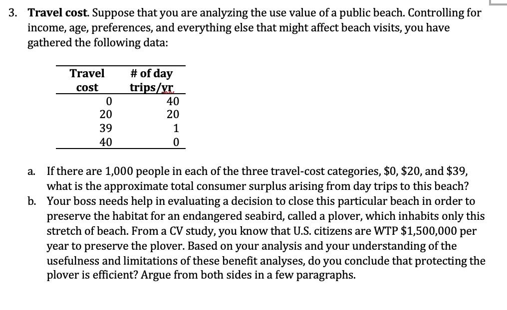 Solved 3. Travel cost. Suppose that you are analyzing the | Chegg.com