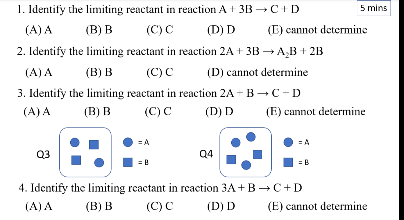 Solved 1. Identify the limiting reactant in reaction A + 3B | Chegg.com