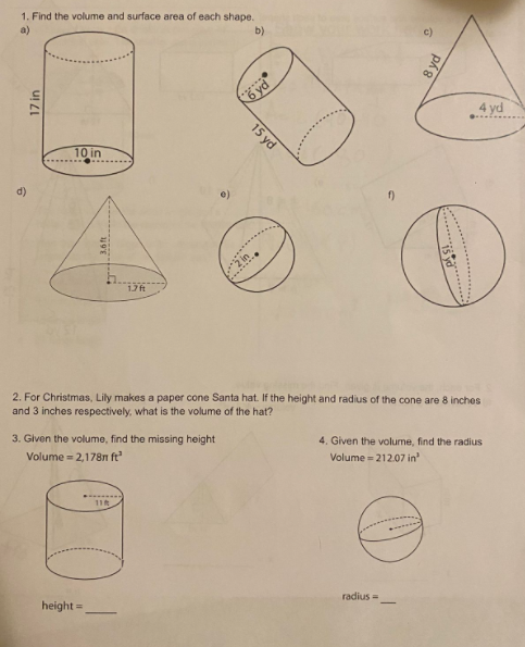Solved 1. Find the volume and surface area of each shape. b) | Chegg.com
