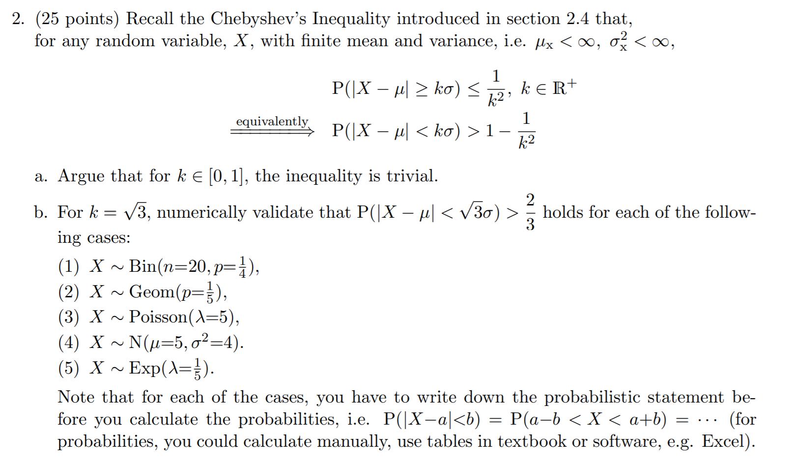 2. (25 points) Recall the Chebyshev's Inequality | Chegg.com