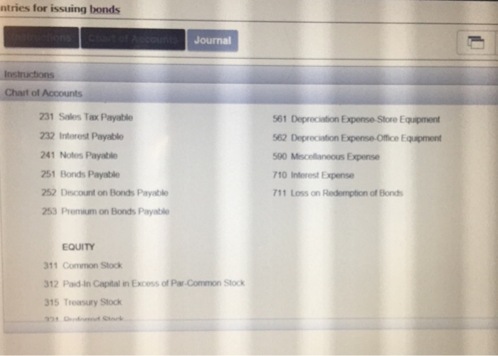 Solved Entries for issuing bonds Chart of Accounts Journal | Chegg.com