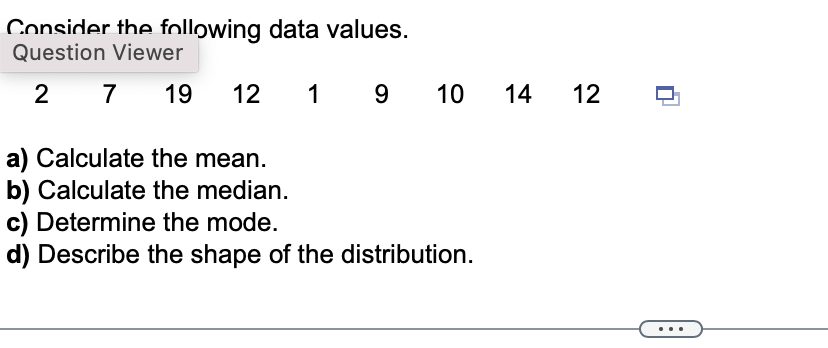 Solved Consider the following data values.Question | Chegg.com