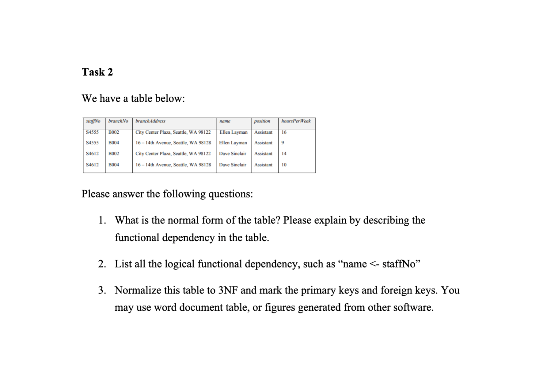 Solved Task 2We have a table below:Please answer the | Chegg.com