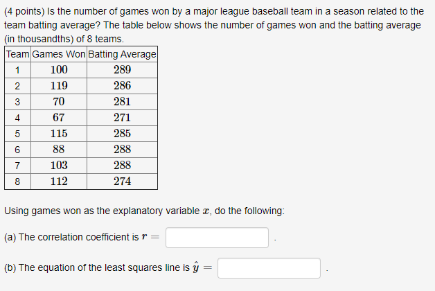 Solved 1 (4 points) Is the number of games won by a major | Chegg.com