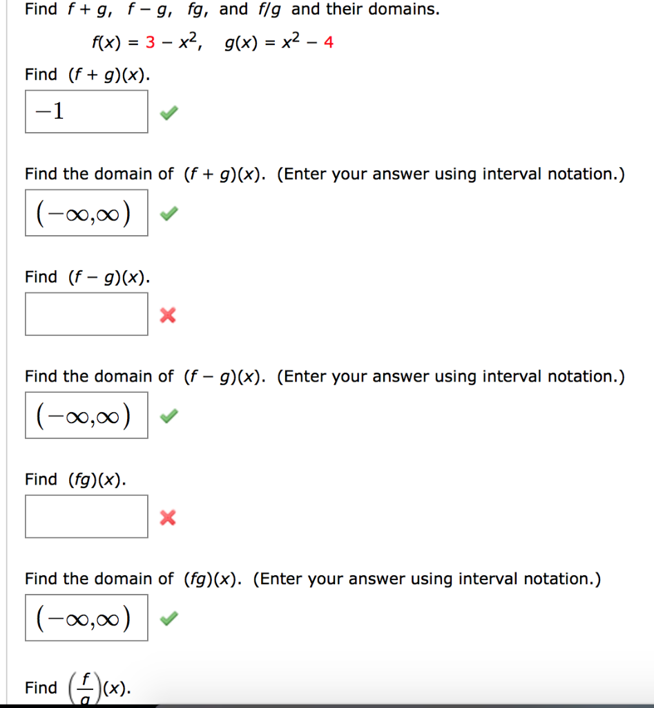 Solved Find F g F G Fg And Fig And Their Domains F x 3 Chegg