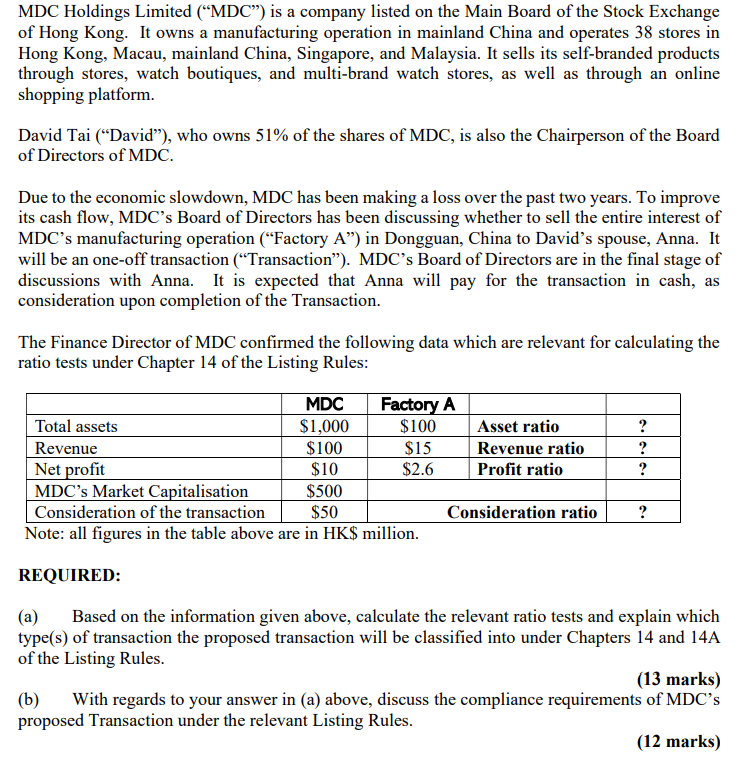 Solved MDC Holdings Limited (“MDC”) is a company listed on | Chegg.com
