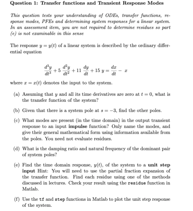 Solved Question 1: Transfer functions and Transient Response | Chegg.com