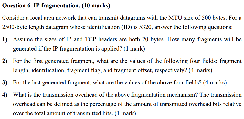 Solved Question 6. IP fragmentation. (10 marks) Consider a | Chegg.com