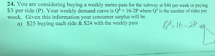 Solved You are considering buying a weekly metro pass for | Chegg.com