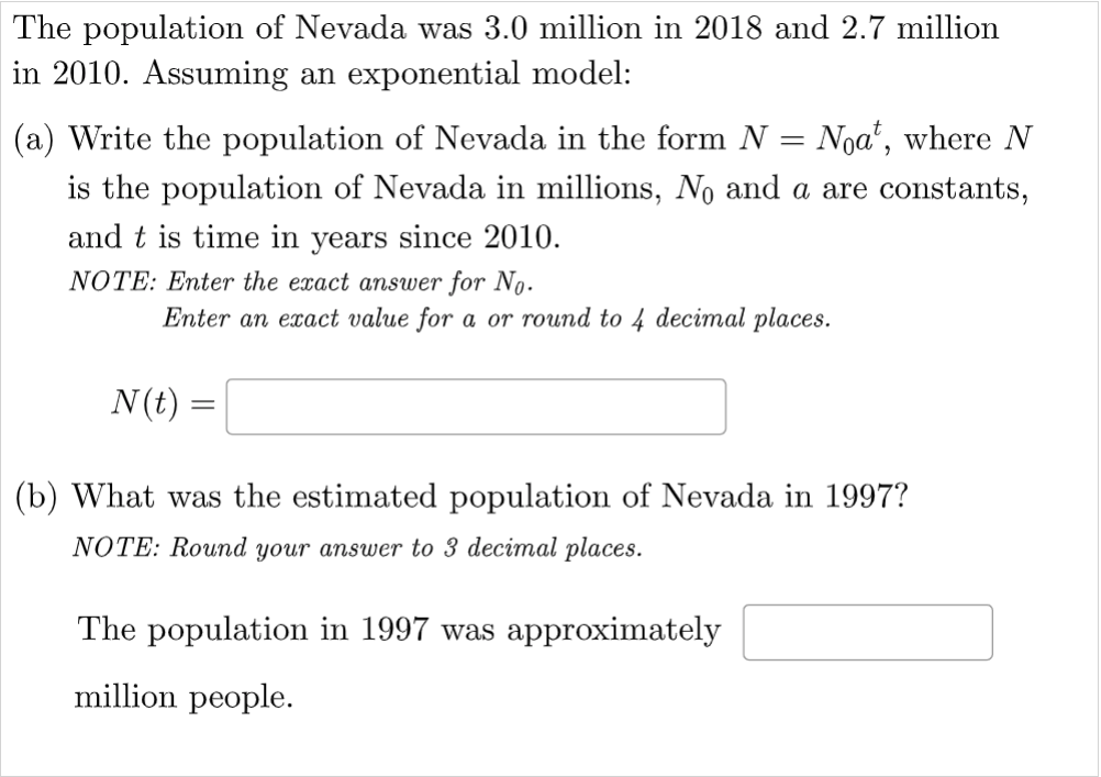 Solved The population of Nevada was 3.0 million in 2018 and | Chegg.com