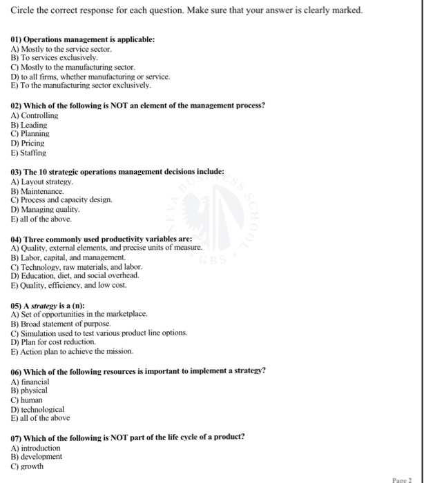 Solved Circle the correct response for each question. Make | Chegg.com