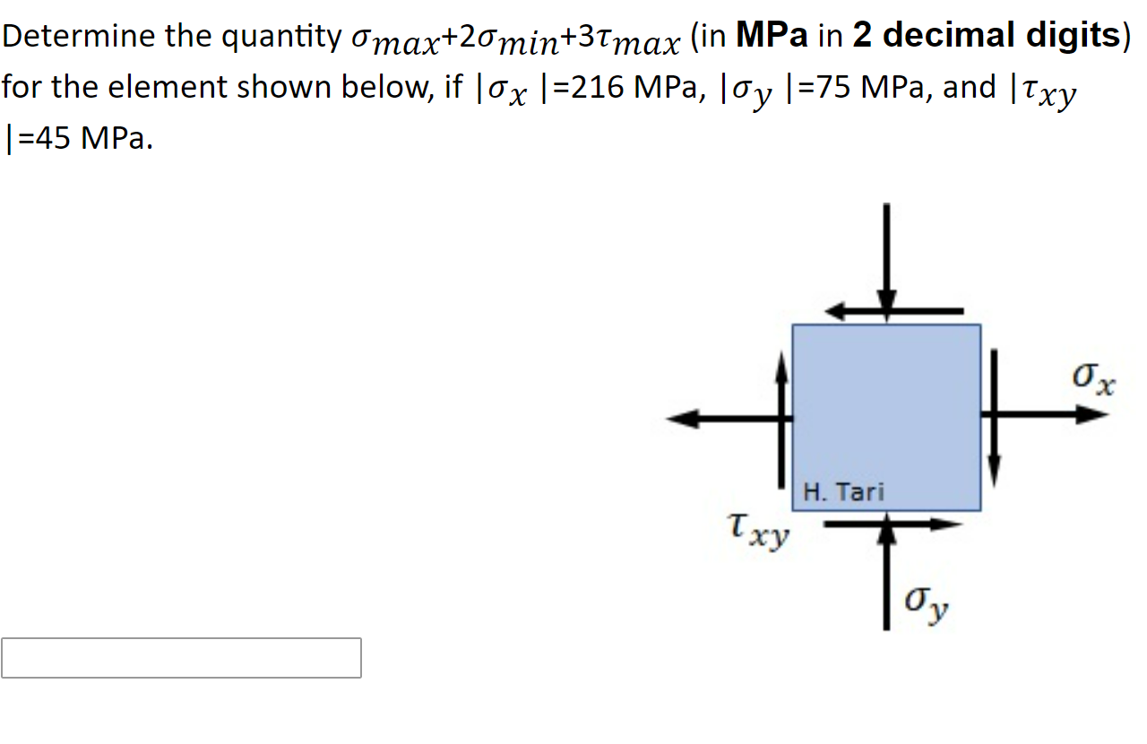 Solved Determine the quantity σmax+2σmin+3τmax (in MPa in 2 | Chegg.com